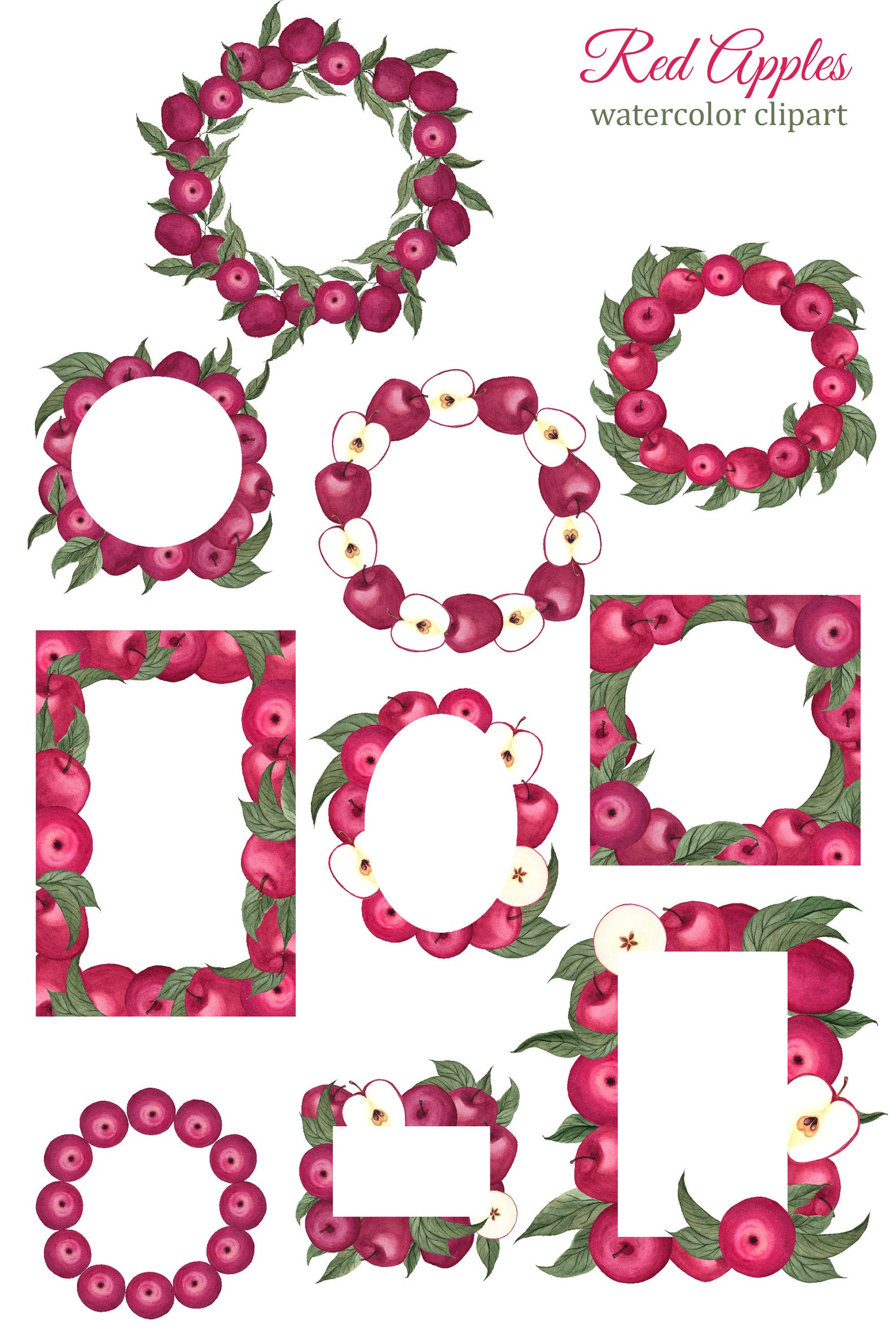 Watercolor Apple Frames and Wreath Clipart. Harvest PNG, Autumn Wedding ...