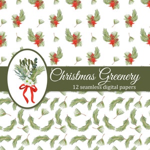 Christmas Floral Digital Papers Pack, Winter Greenery and Flowers ...