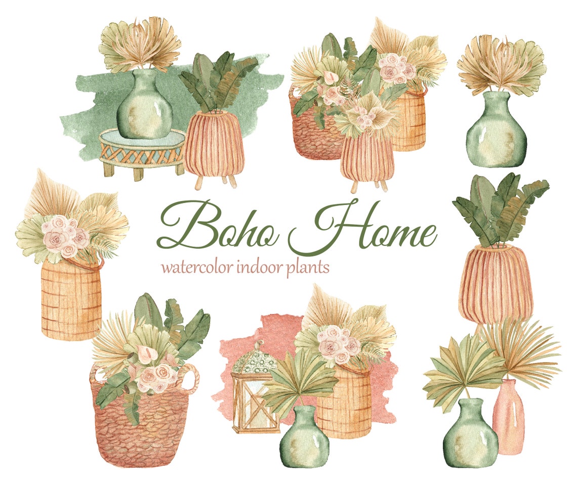 Boho Indoor Plants Watercolor Clipart. Dried Tropical Flowers - Etsy