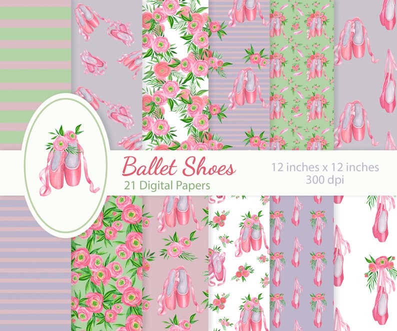 Floral Ballet Shoes Digital Papers Set. Ballerina Scrapbooking Paper - Etsy