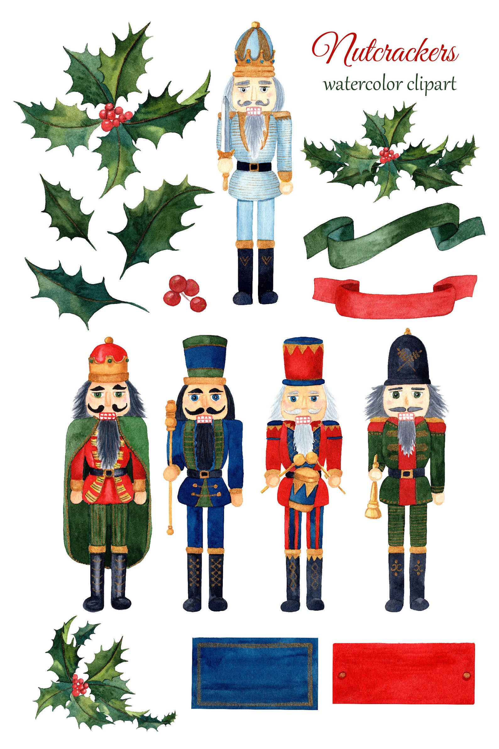 Watercolor Nutcrackers Christmas Clipart. Winter Greenery | Etsy
