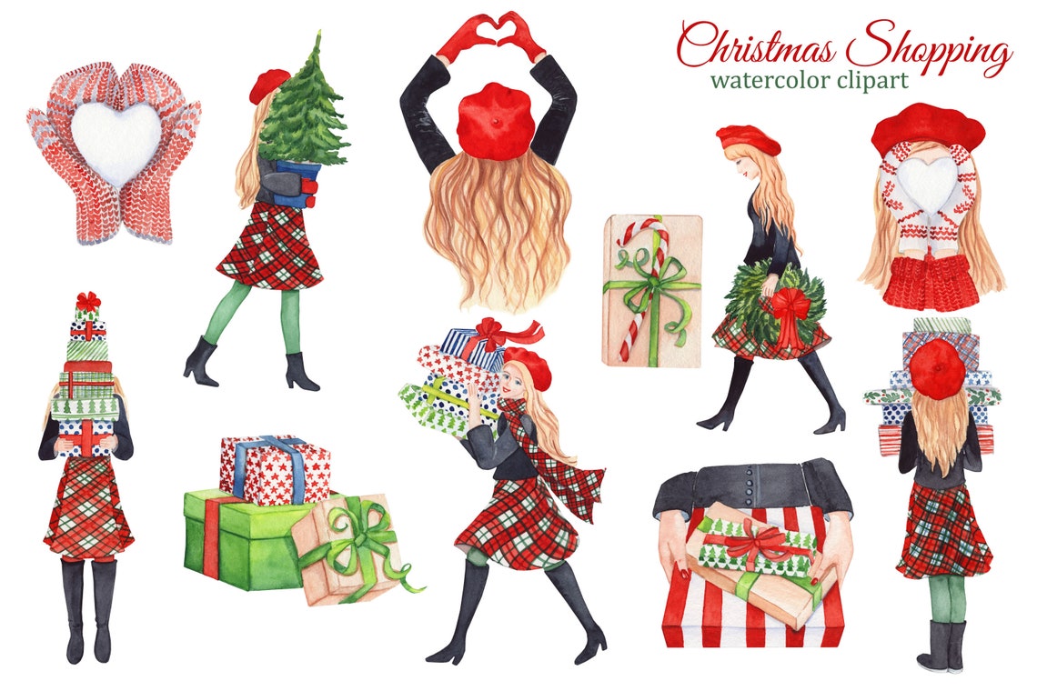 Christmas Shopping Girl Clipart Christmas Gifts Watercolor - Etsy