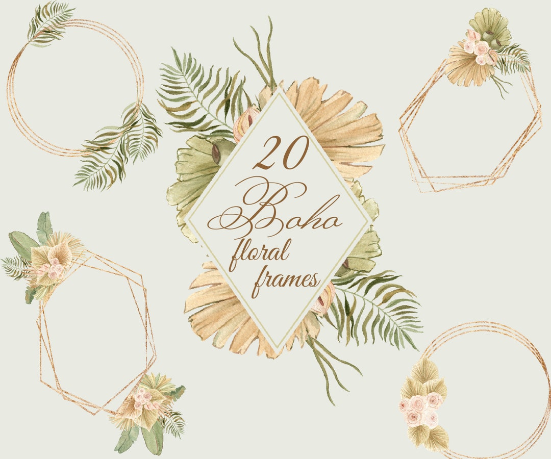 Watercolor Boho Floral Frames Set. 20 Tropical Geometric Frames, Golden ...