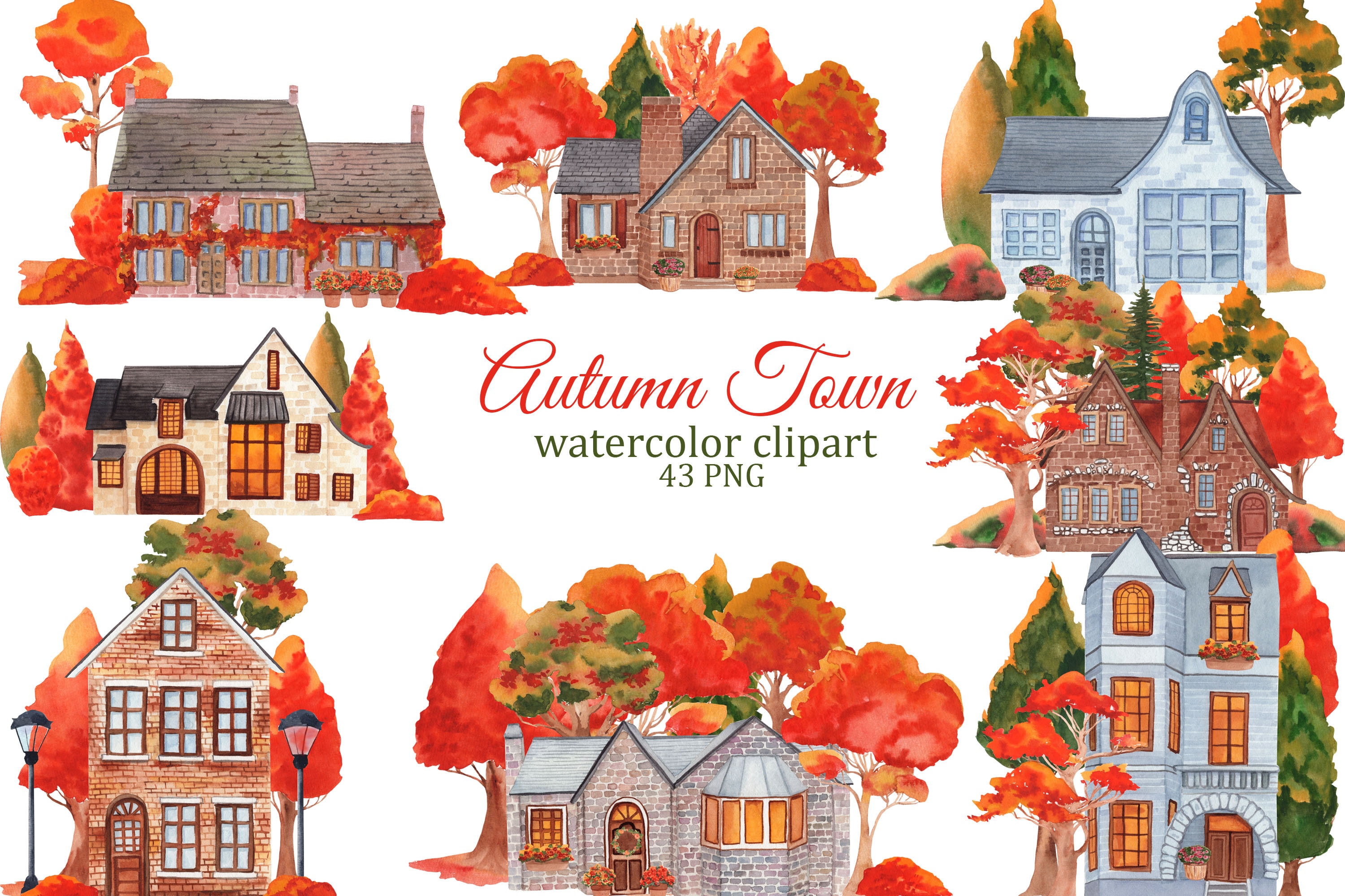 Watercolor Autumn Houses Clipart Fall Tree Clipart Fall - Etsy