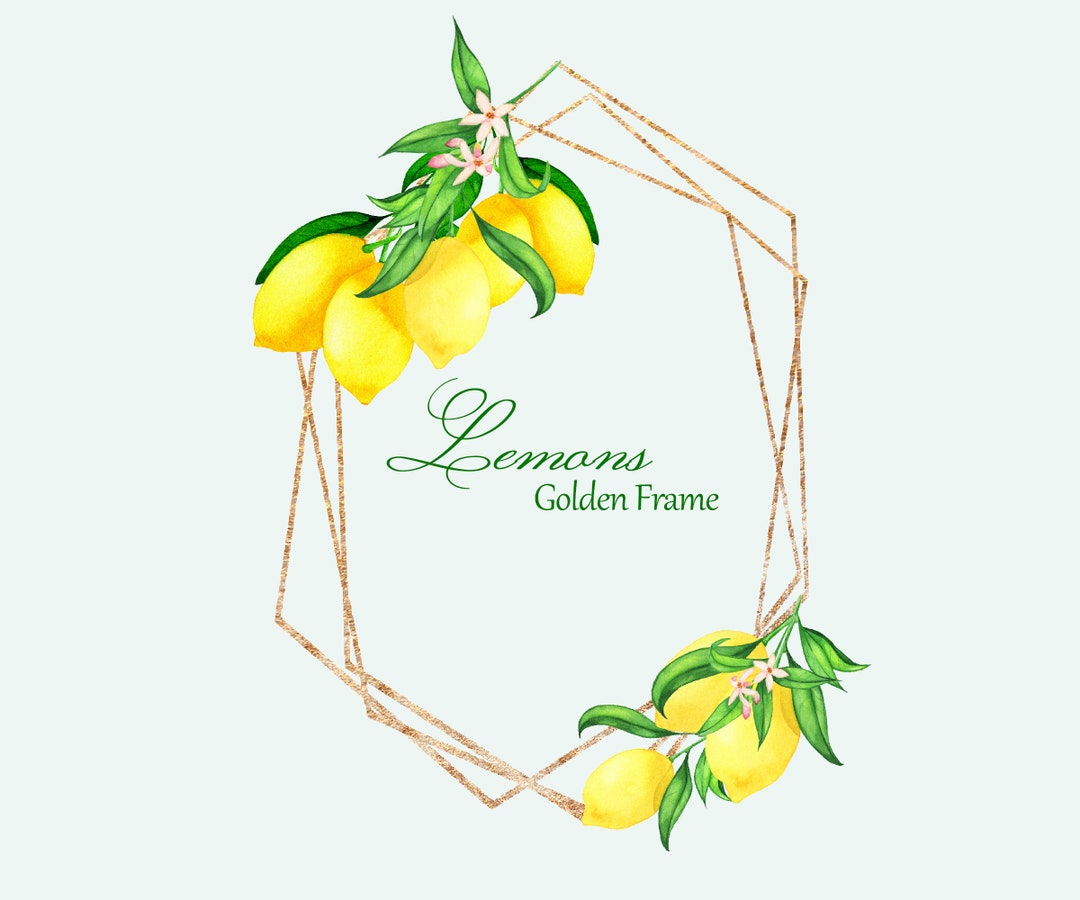 Watercolor Lemon Golden Frame. Wedding Angle Frame Clipart - Etsy