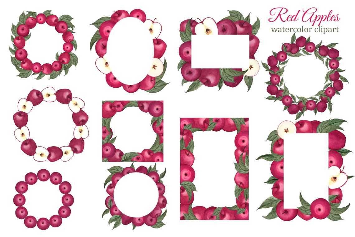 Watercolor Apple Frames and Wreath Clipart. Harvest PNG - Etsy
