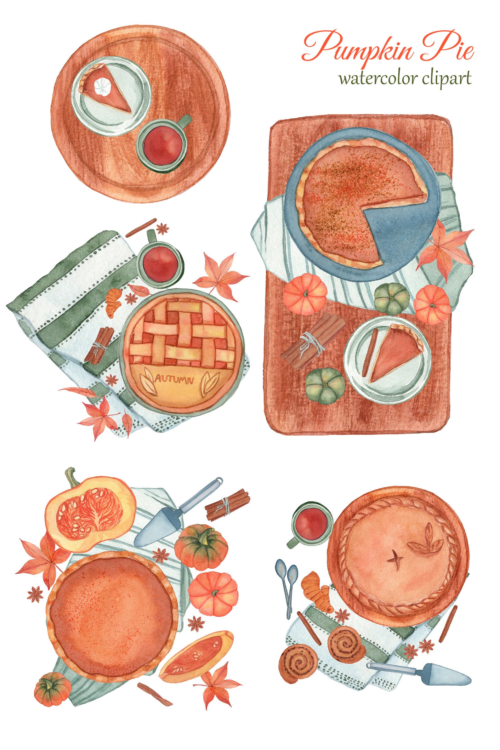 Pumpkin Pie Clipart. Watercolor Fall PNG. Thanksgiving Clipart - Etsy