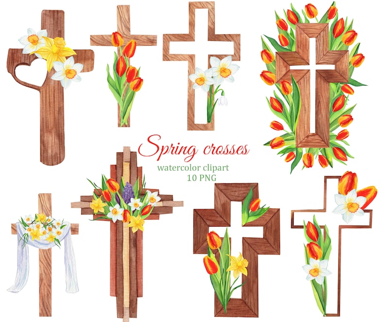 Spring Floral Cross Watercolor Clipart, Religious Easter Clipart ...