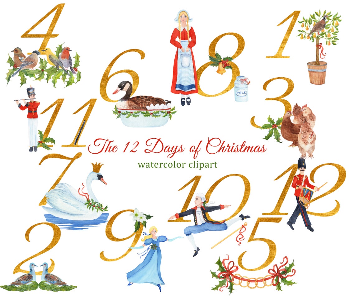 The 12 Days of Christmas Watercolor PNG Clipart With Gold - Etsy