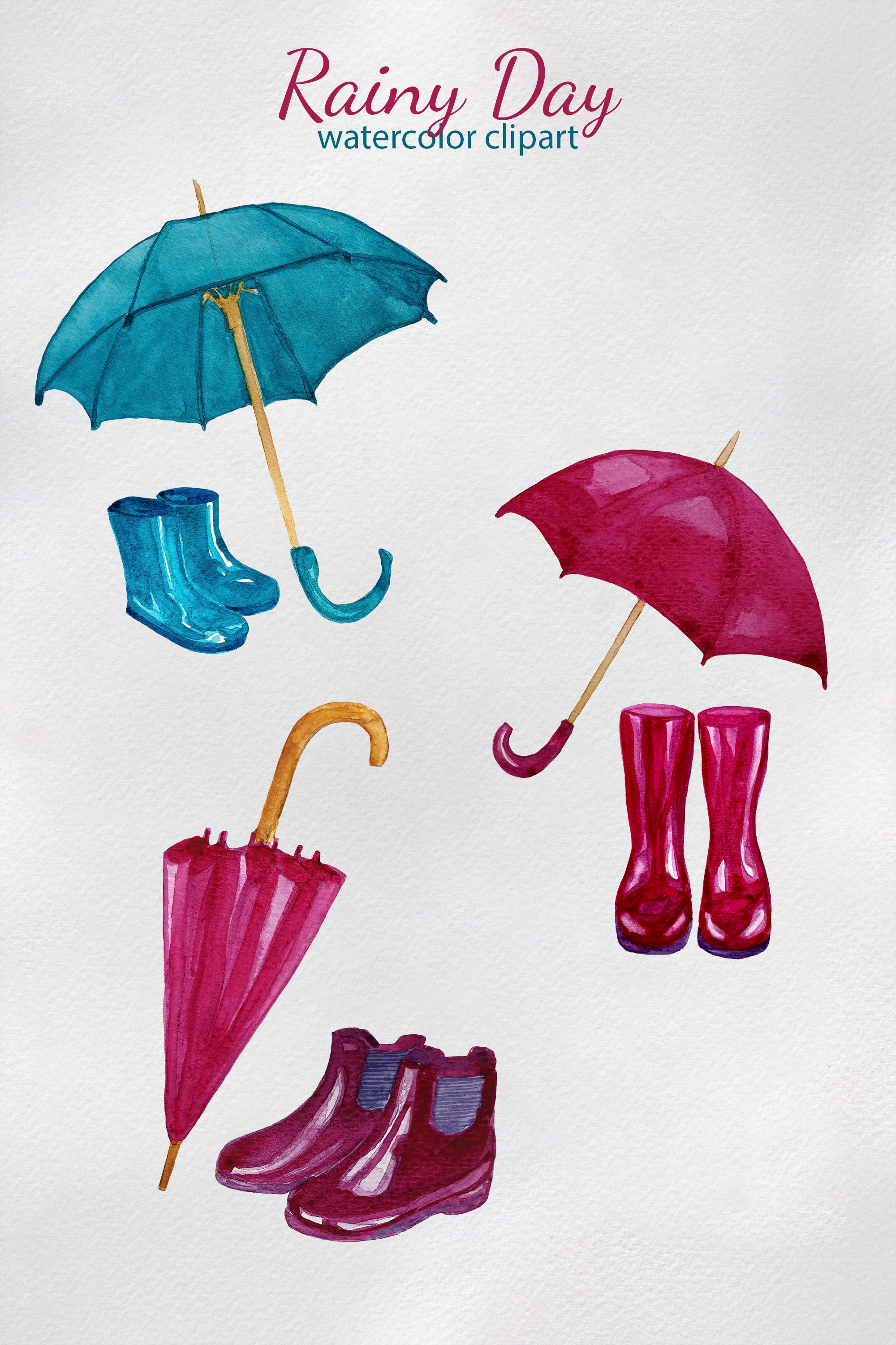 Rainy Day Watercolor Clipart Rainboots Clipart Umbrella | Etsy