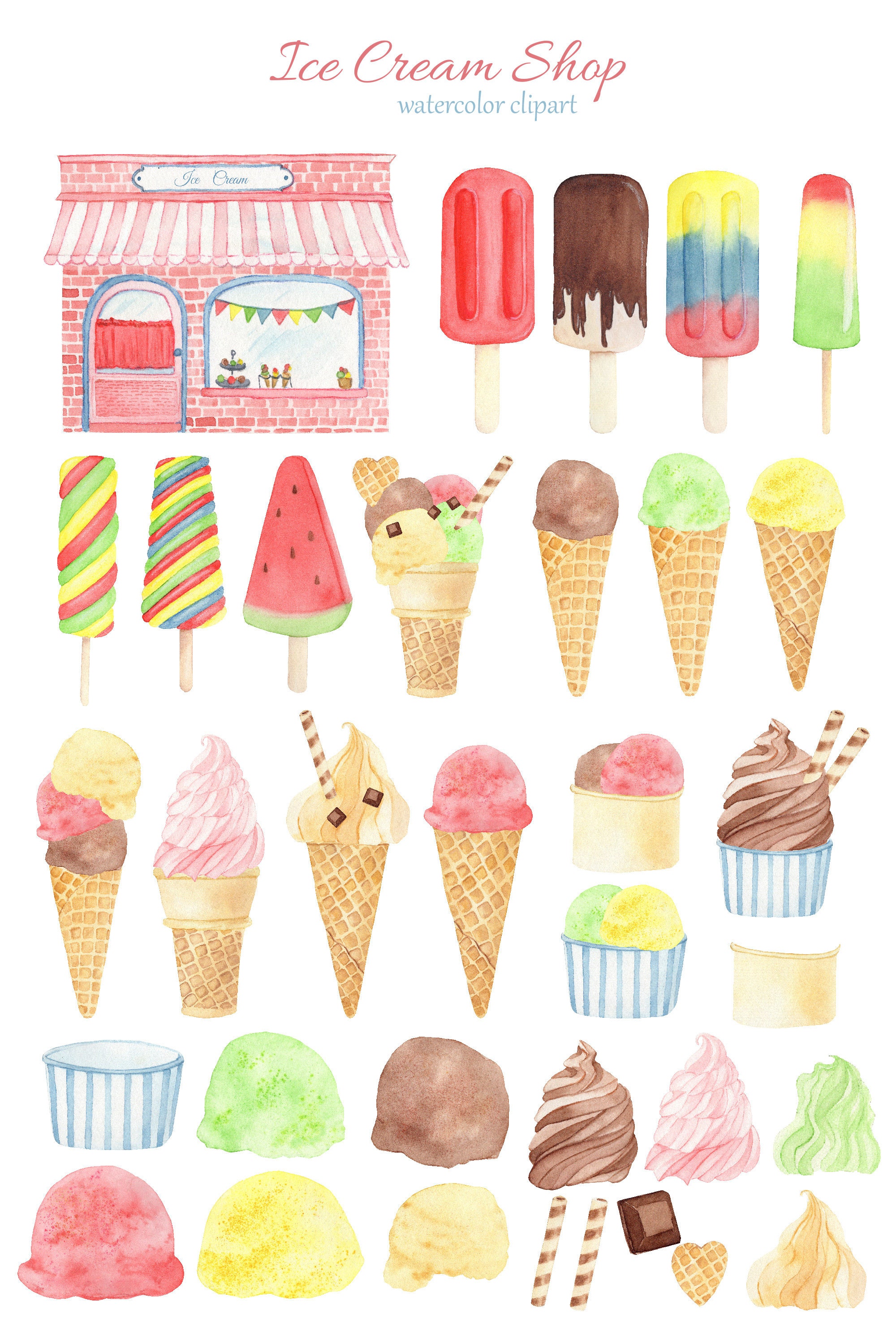 Watercolor Ice Cream Clipart. Ice Cream Shop. Popsicle Summer - Etsy