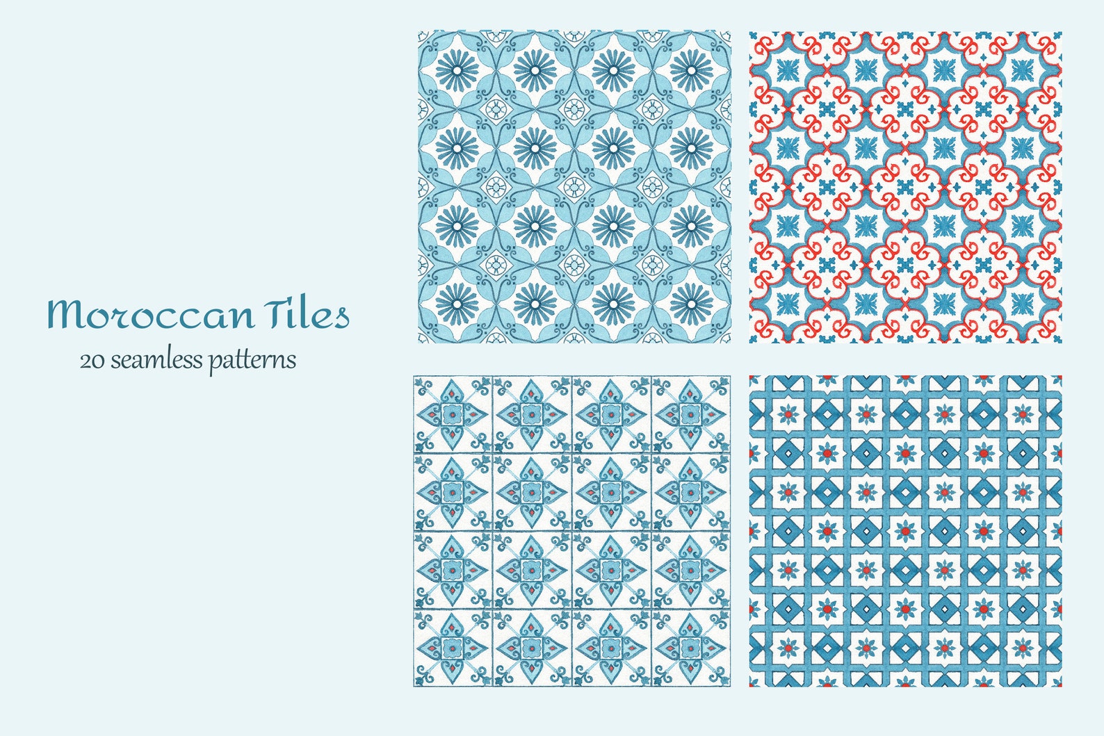 Watercolor Moroccan Tiles Seamless Pattern. Blue Tile Mosaic Digital ...