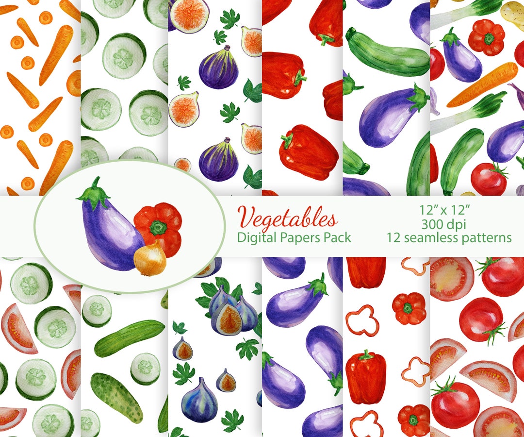 Watercolor Vegetables Digital Paper Pack. Scrapbook Paper Vegetable ...