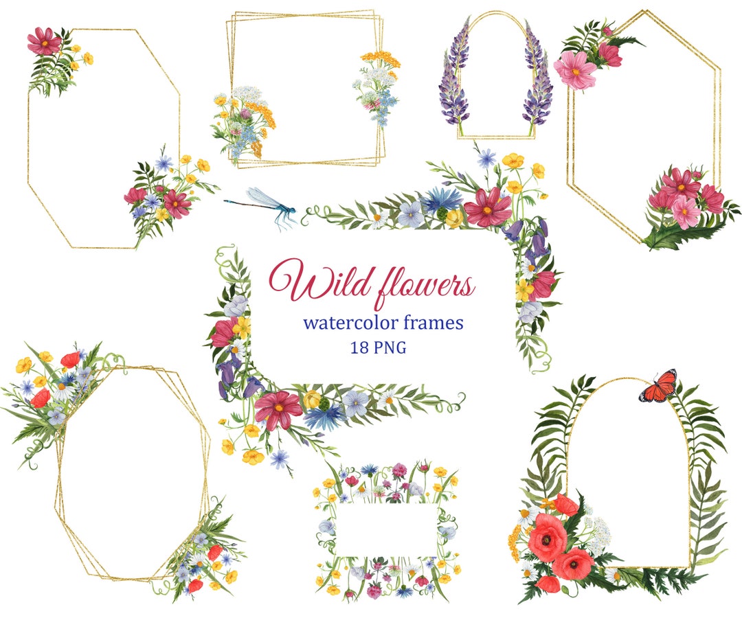 Wild Flowers Frames Watercolor Clipart, Meadow Flowers Png Golden Frame, Wedding Invitation ...