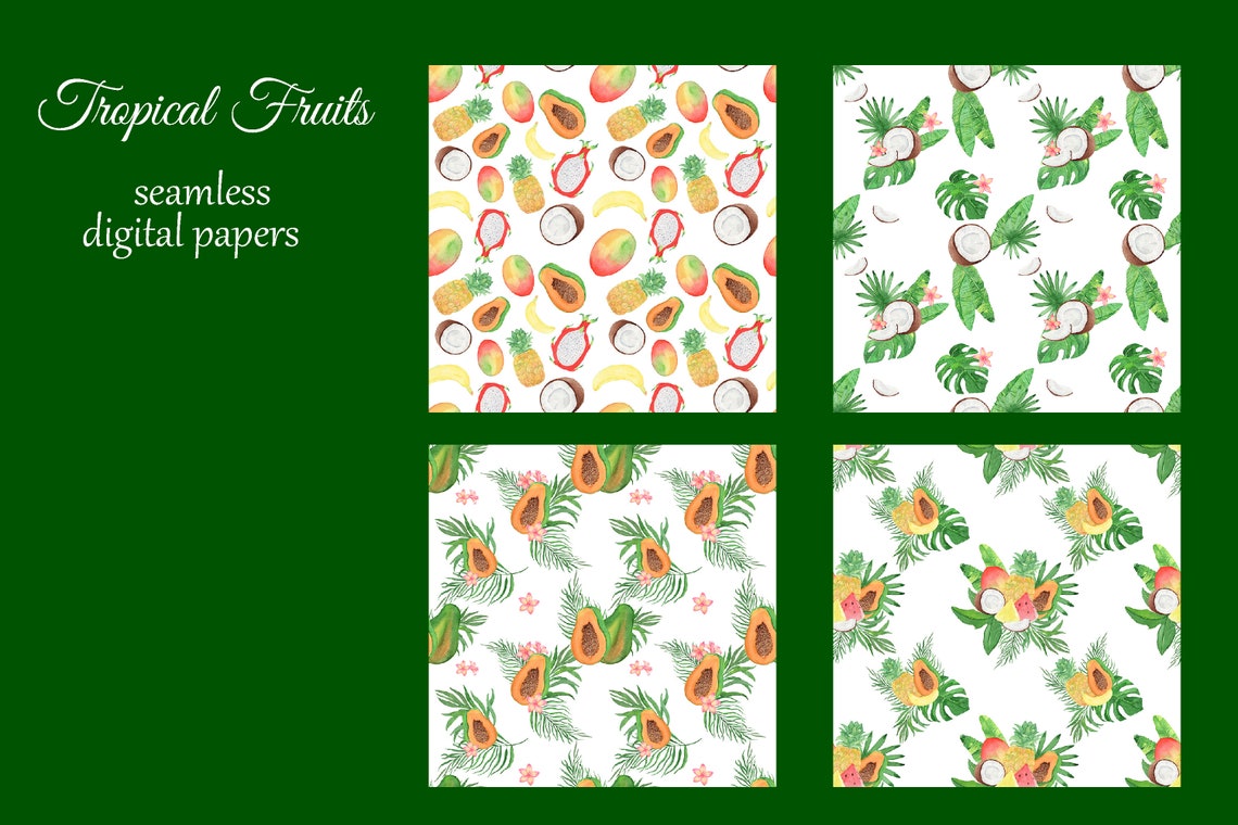 Watercolor Tropical Fruits Digital Papers. Palm Leaves - Etsy