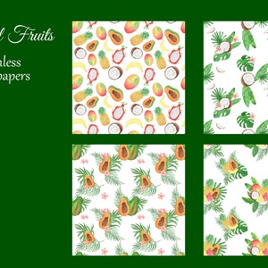 Watercolor Tropical Fruits Digital Papers. Palm Leaves Seamless ...