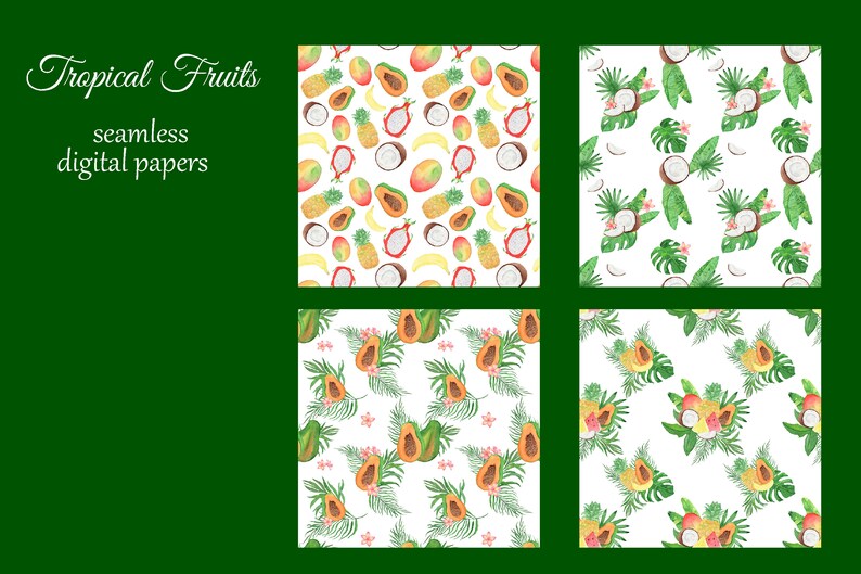 Watercolor Tropical Fruits Digital Papers. Palm Leaves Seamless ...