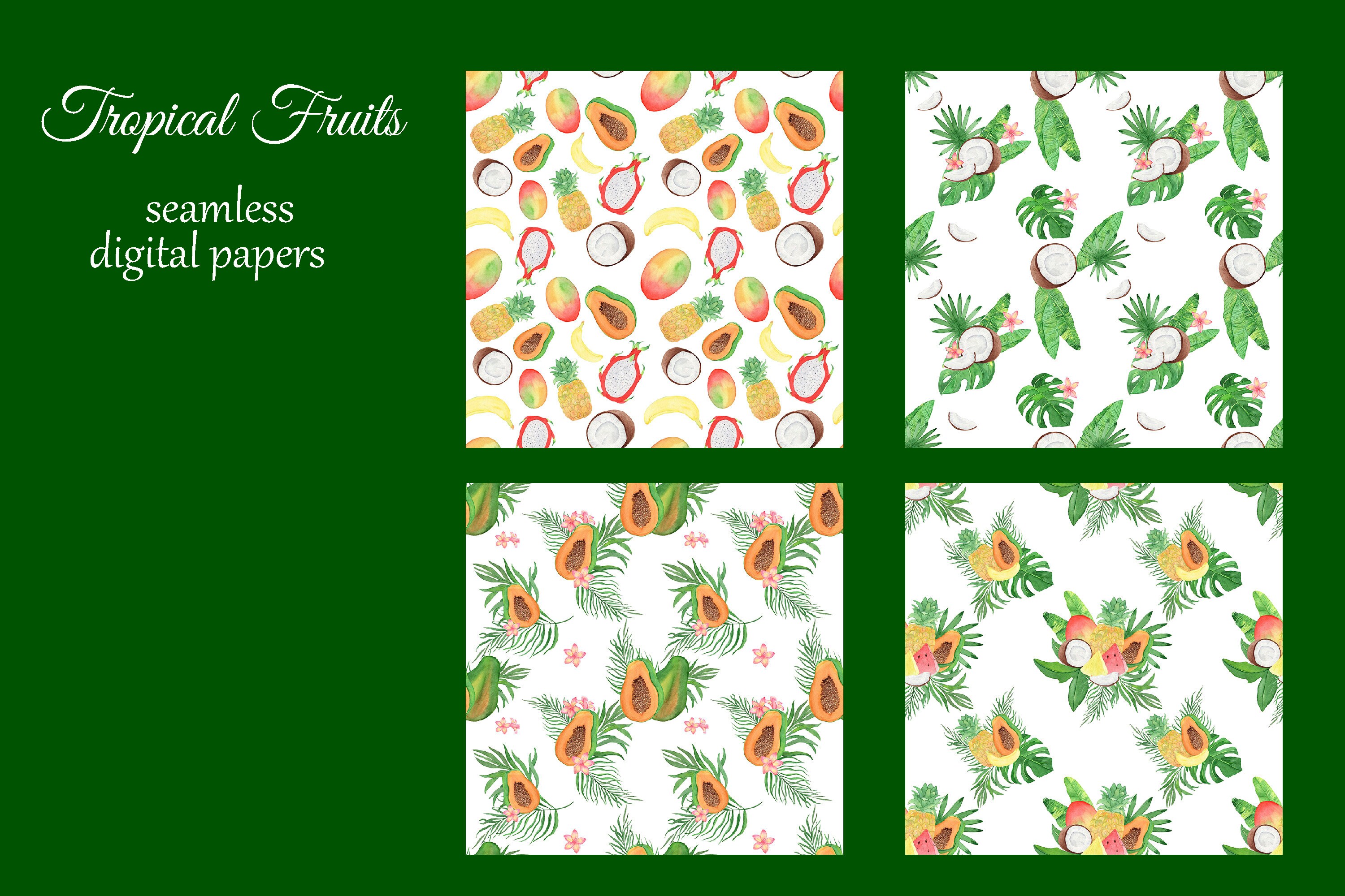 Watercolor Tropical Fruits Digital Papers. Palm Leaves - Etsy