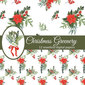 Christmas Floral Digital Papers Pack, Winter Greenery and Flowers ...