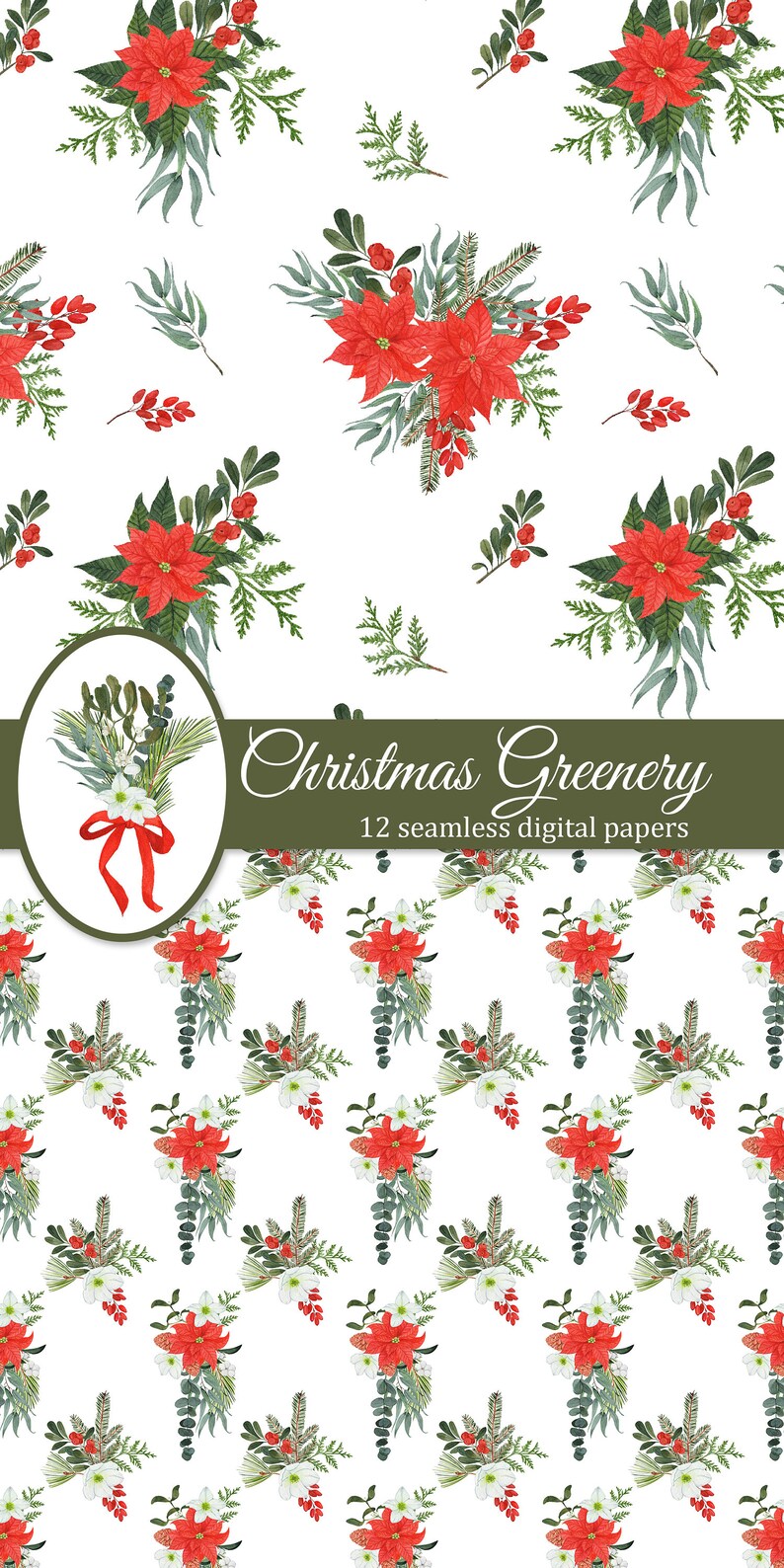 Christmas Floral Digital Papers Pack, Winter Greenery and Flowers ...