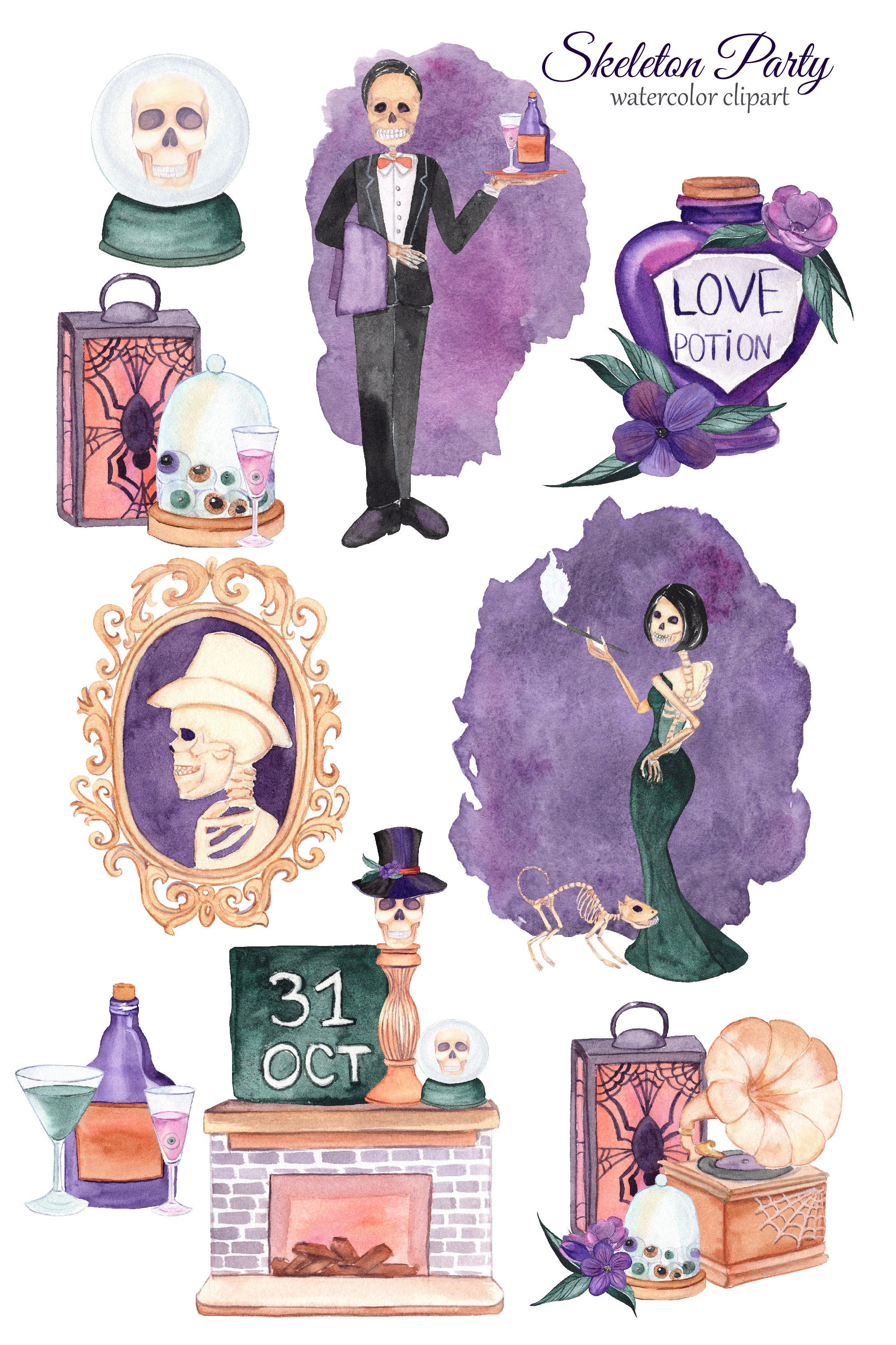 Skeleton Clipart. Halloween Party. Watercolor Skull Clipart. - Etsy