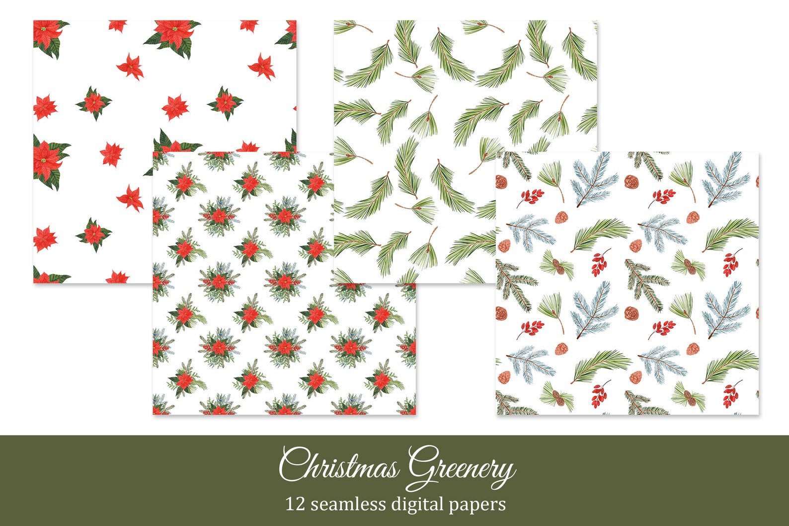 Christmas Floral Digital Papers Pack Winter Greenery and - Etsy