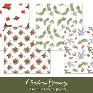 Christmas Floral Digital Papers Pack, Winter Greenery and Flowers ...