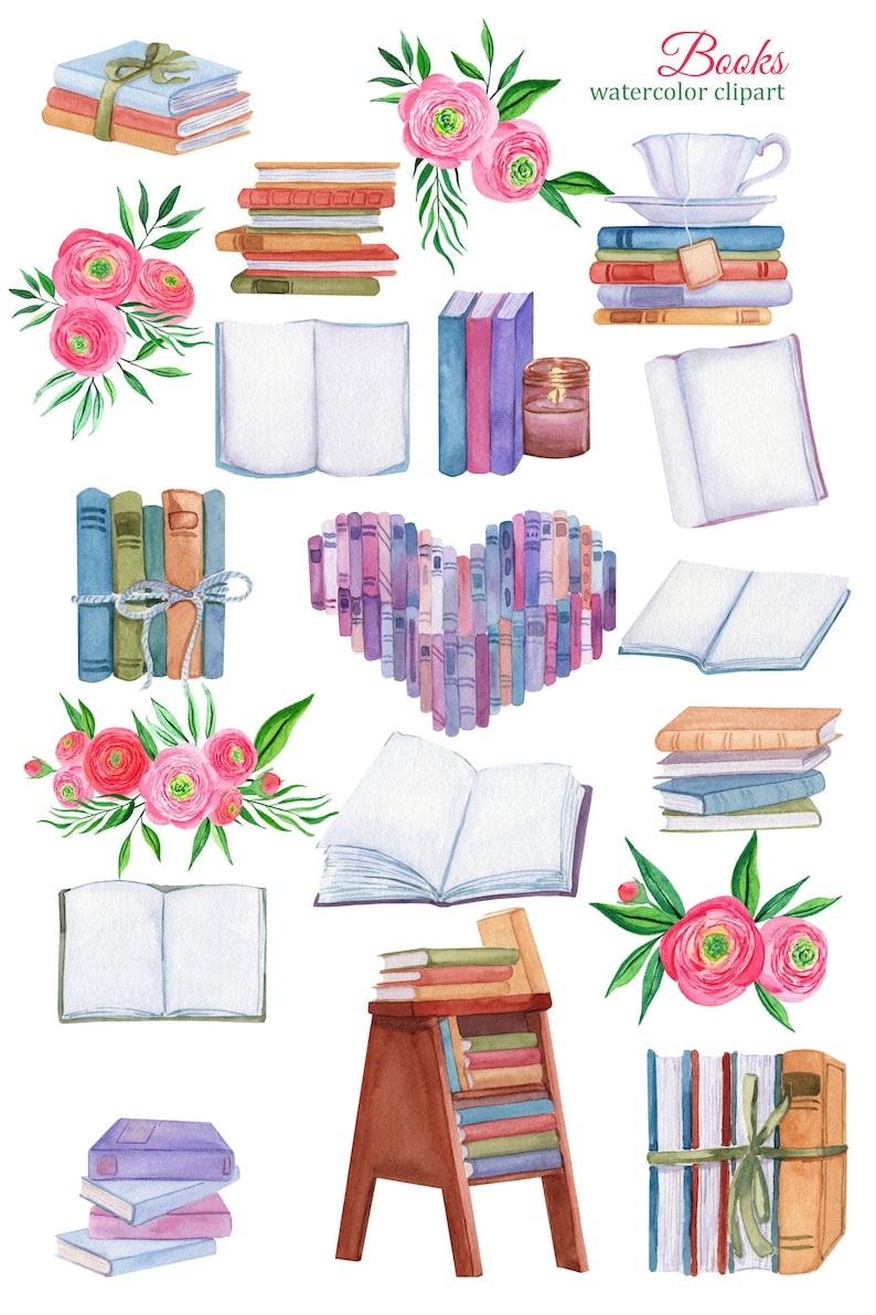 Reading Books Watercolor Clipart, Romantic Books and Flowers ...