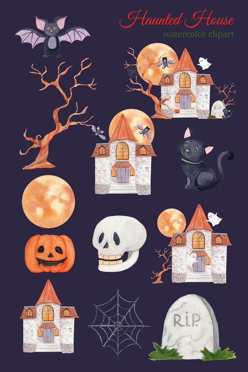 Haunted House Halloween Watercolor Clipart Fall PNG Cute - Etsy