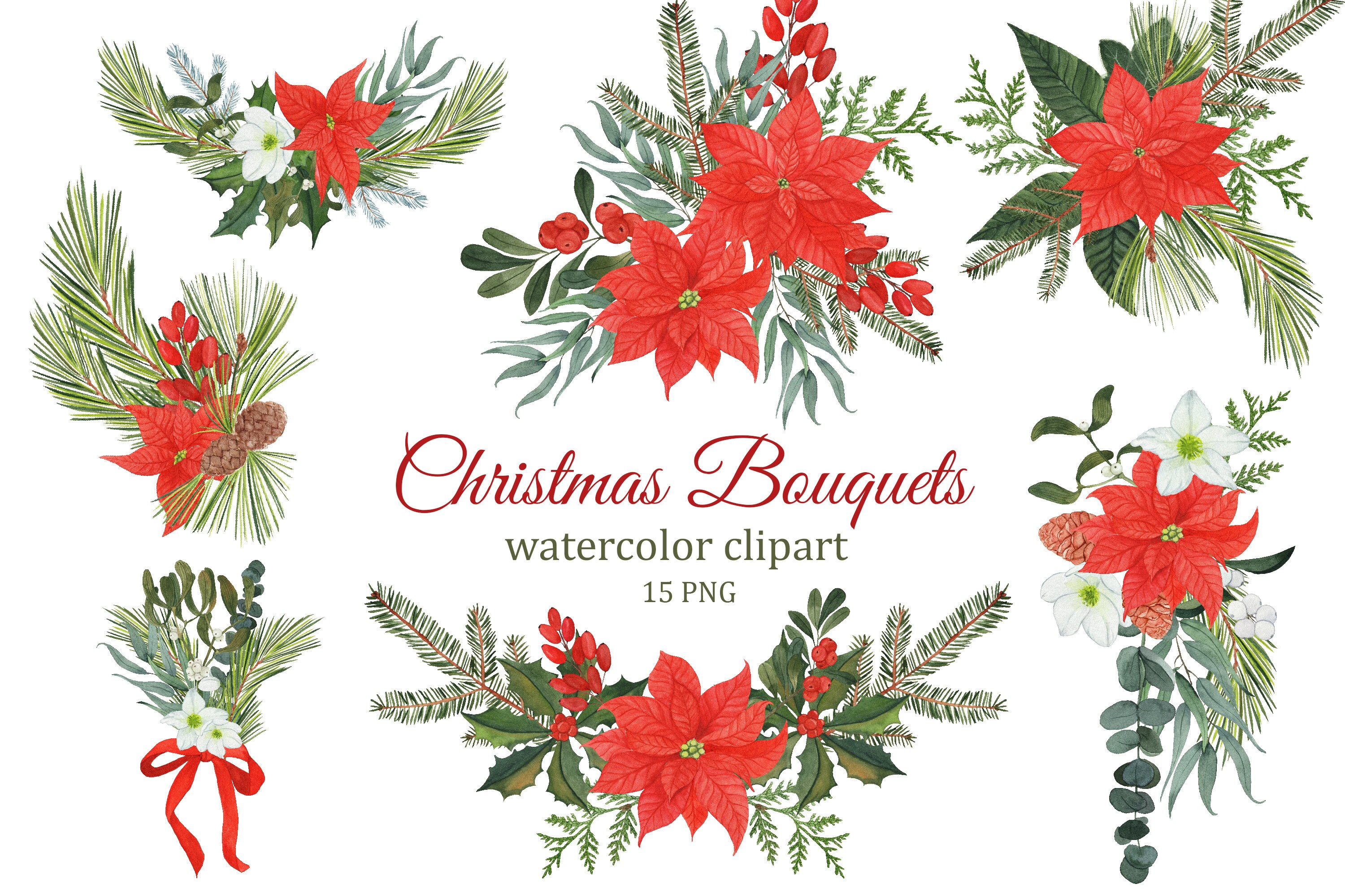 Christmas Winter Watercolor Bouquets Greenery and Flowers - Etsy