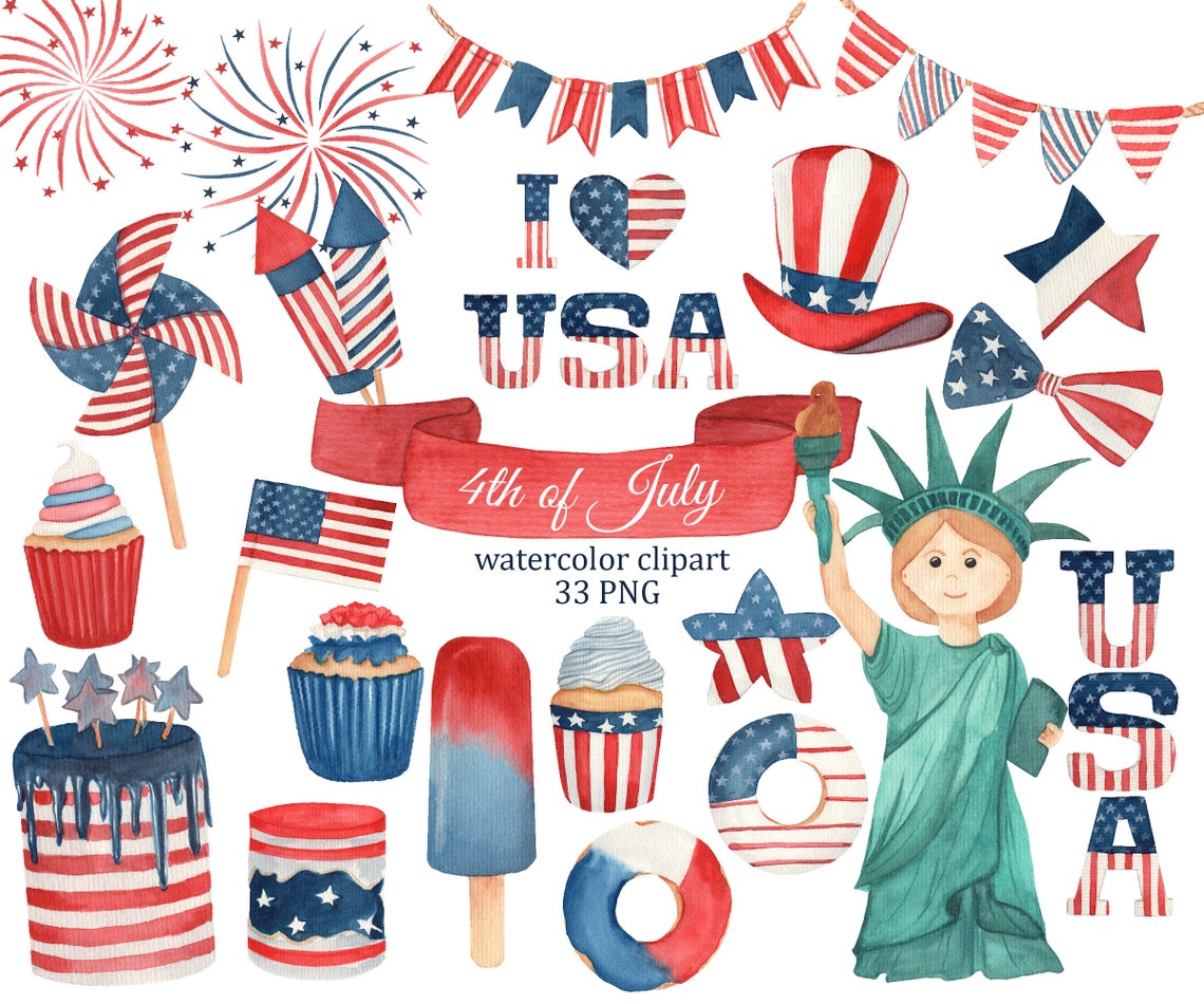 4th of July Watercolor Clipart Independence Day PNG USA - Etsy