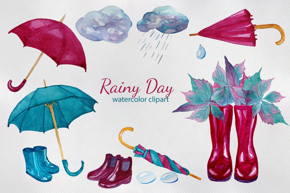 Rainy Day Watercolor Clipart Rainboots Clipart Umbrella - Etsy