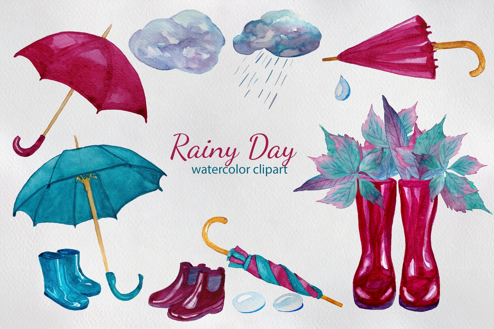 Rainy Day Watercolor Clipart Rainboots Clipart Umbrella - Etsy