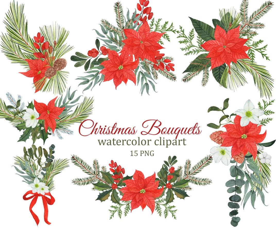 Christmas Winter Watercolor Bouquets, Greenery and Flowers Wedding ...