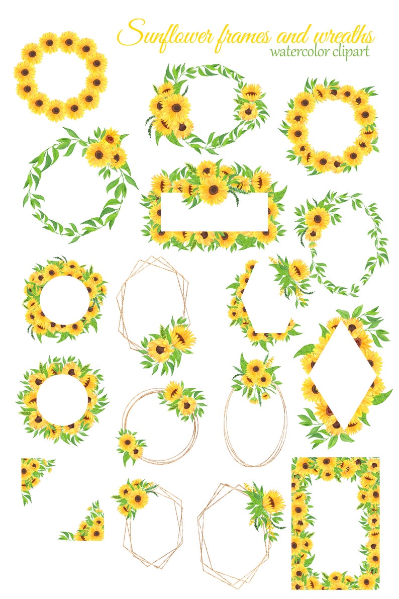 Sunflowers Watercolor Clipart. Sunflowers Wreath Summer Frame - Etsy