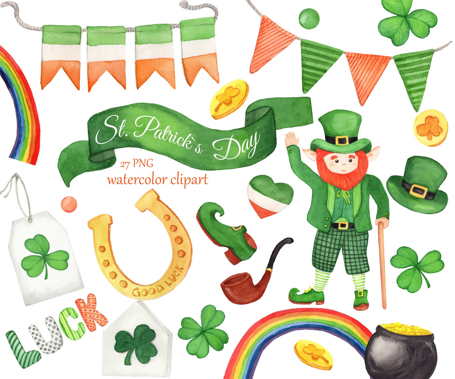 St. Patricks Day Watercolor Clipart, Irish Clipart, Lucky Shamrock ...
