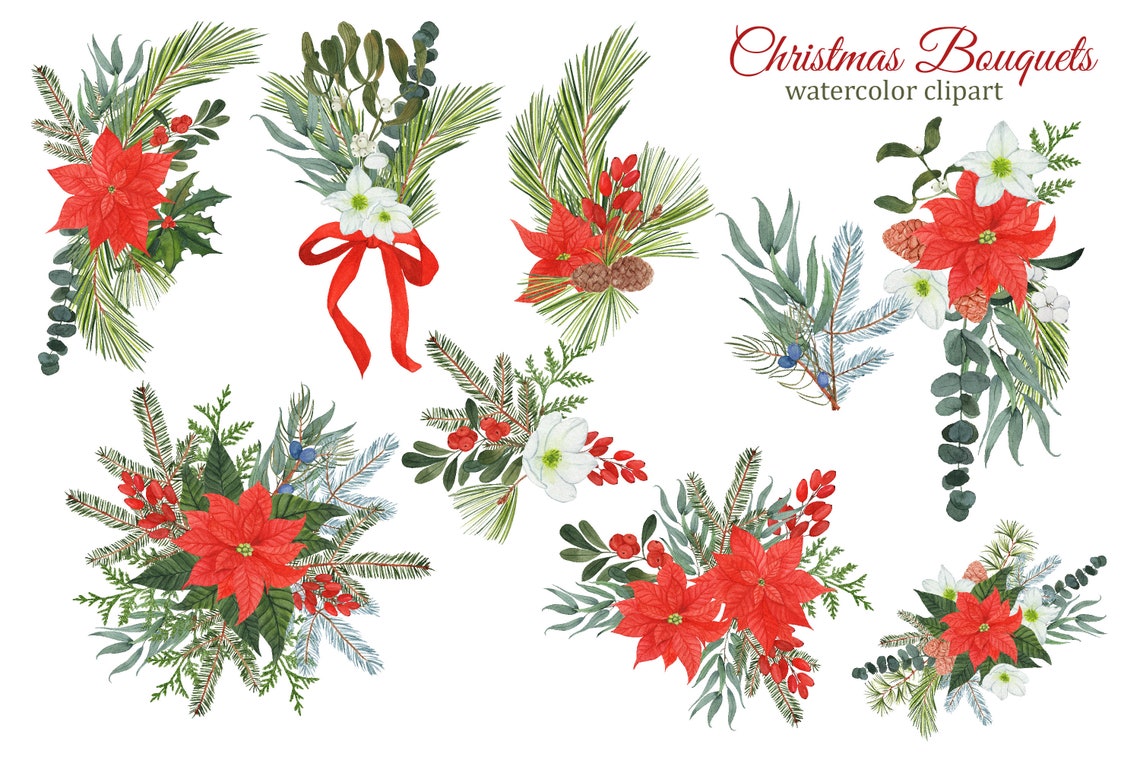 Christmas Winter Watercolor Bouquets Greenery and Flowers - Etsy