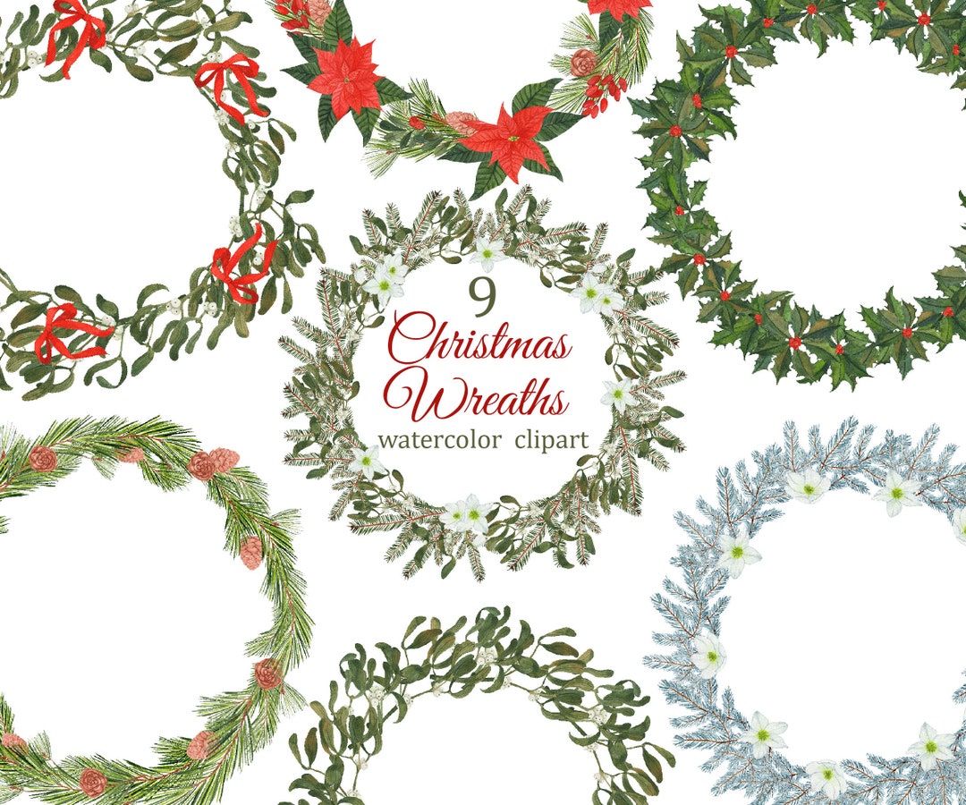 Christmas Wreaths Watercolor Clipart, Winter Greenery and Flowers ...
