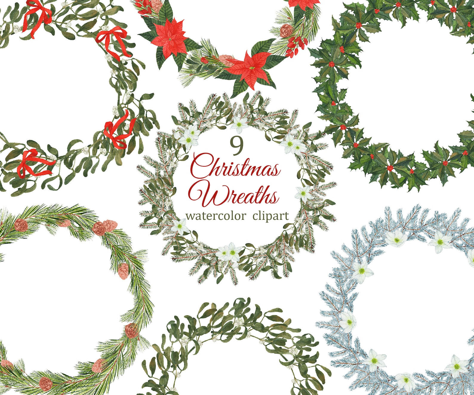 Christmas Wreaths Watercolor Clipart, Winter Greenery and Flowers ...