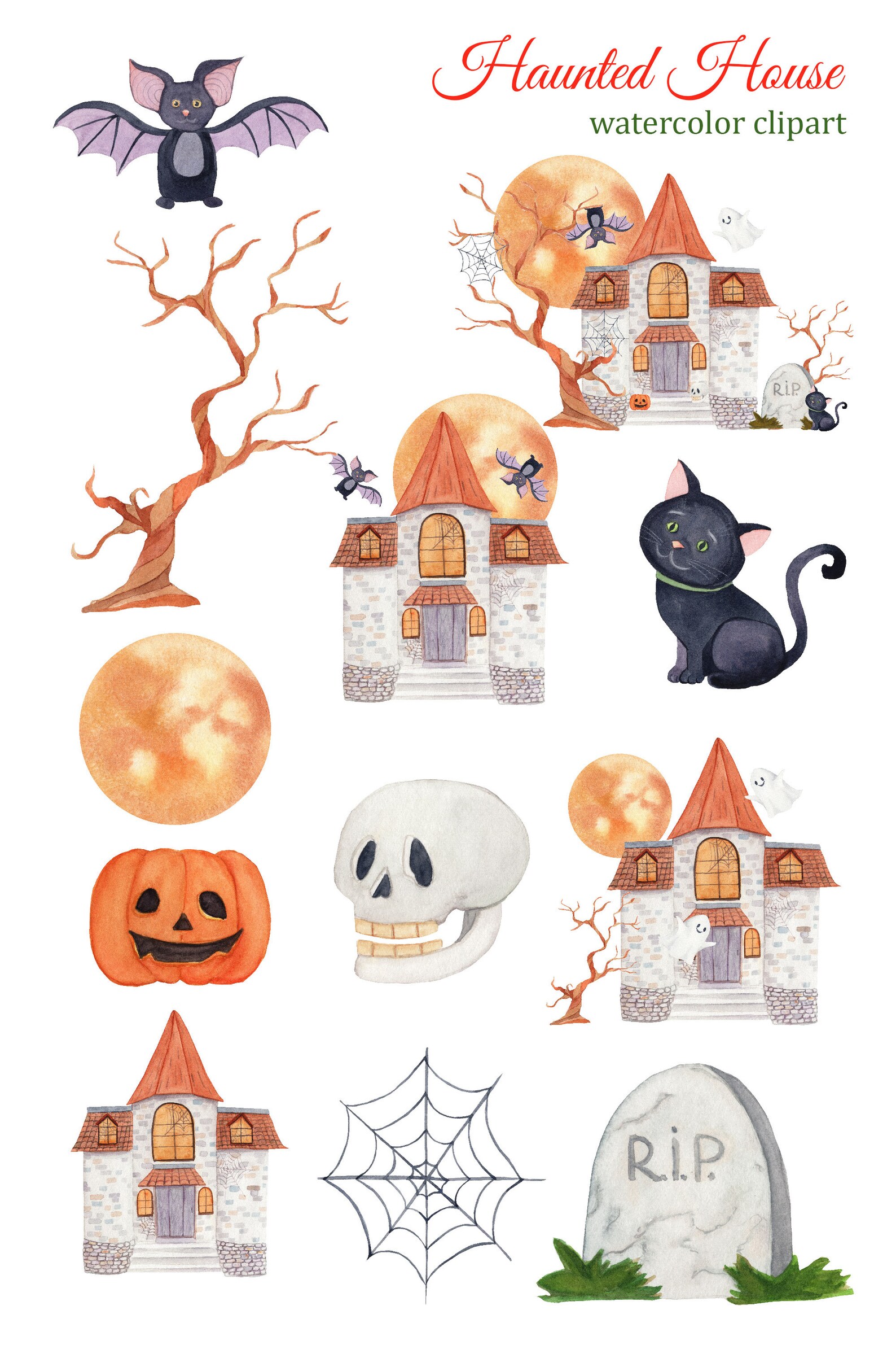 Haunted House Halloween Watercolor Clipart Fall PNG Cute - Etsy