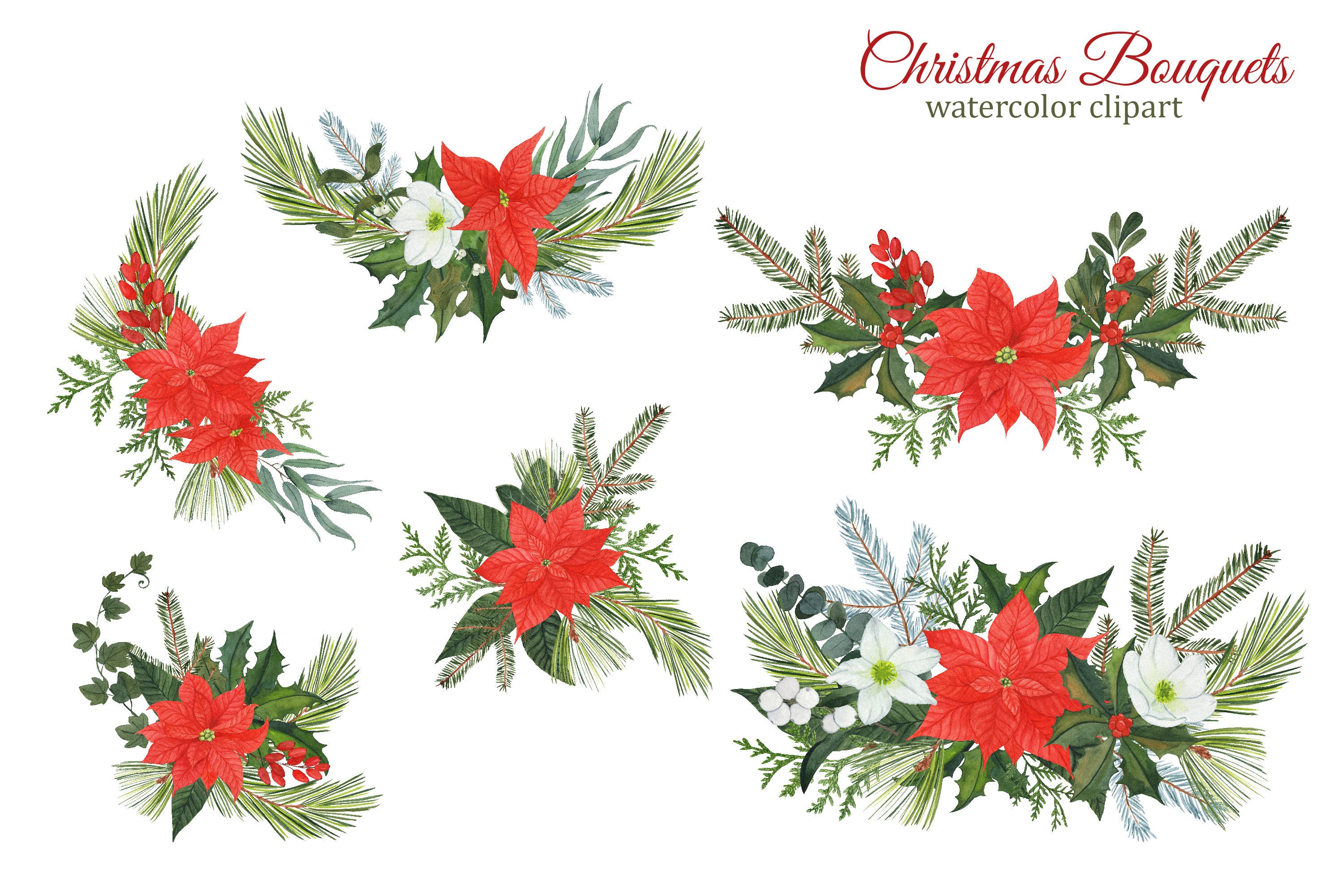 Christmas Winter Watercolor Bouquets Greenery and Flowers - Etsy