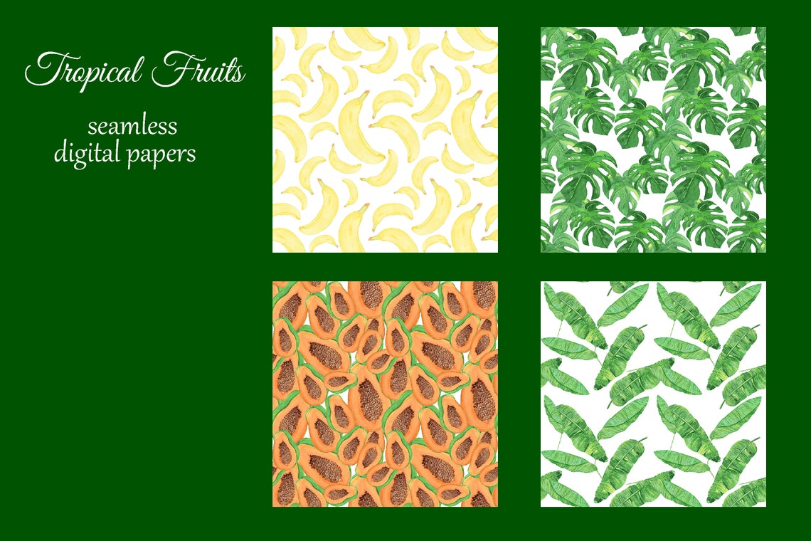 Watercolor Tropical Fruits Digital Papers. Palm Leaves - Etsy