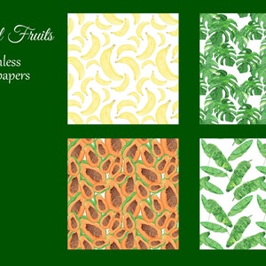 Watercolor Tropical Fruits Digital Papers. Palm Leaves Seamless ...