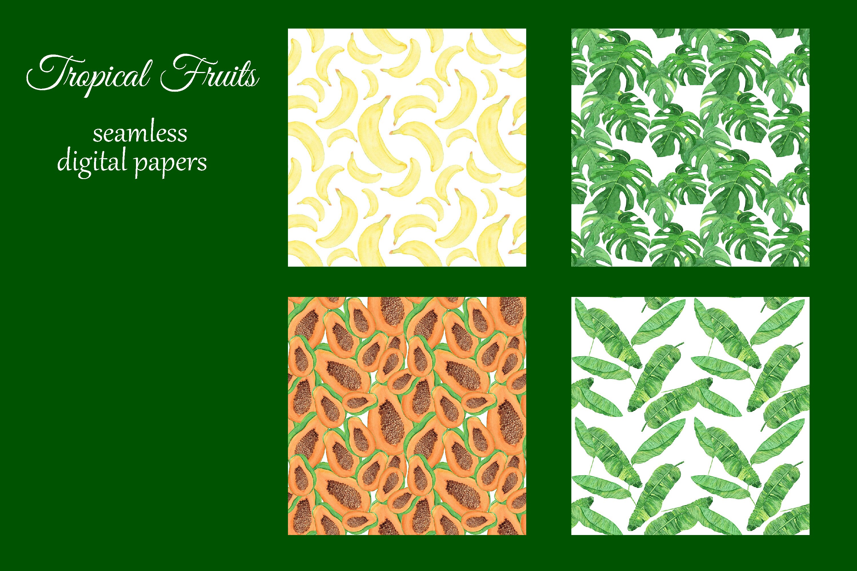 Watercolor Tropical Fruits Digital Papers. Palm Leaves Seamless ...