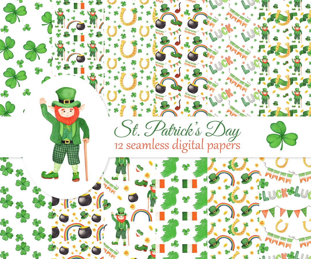 St. Patrick's Day Digital Papers Set, Seamless Pattern With Leprechaun ...