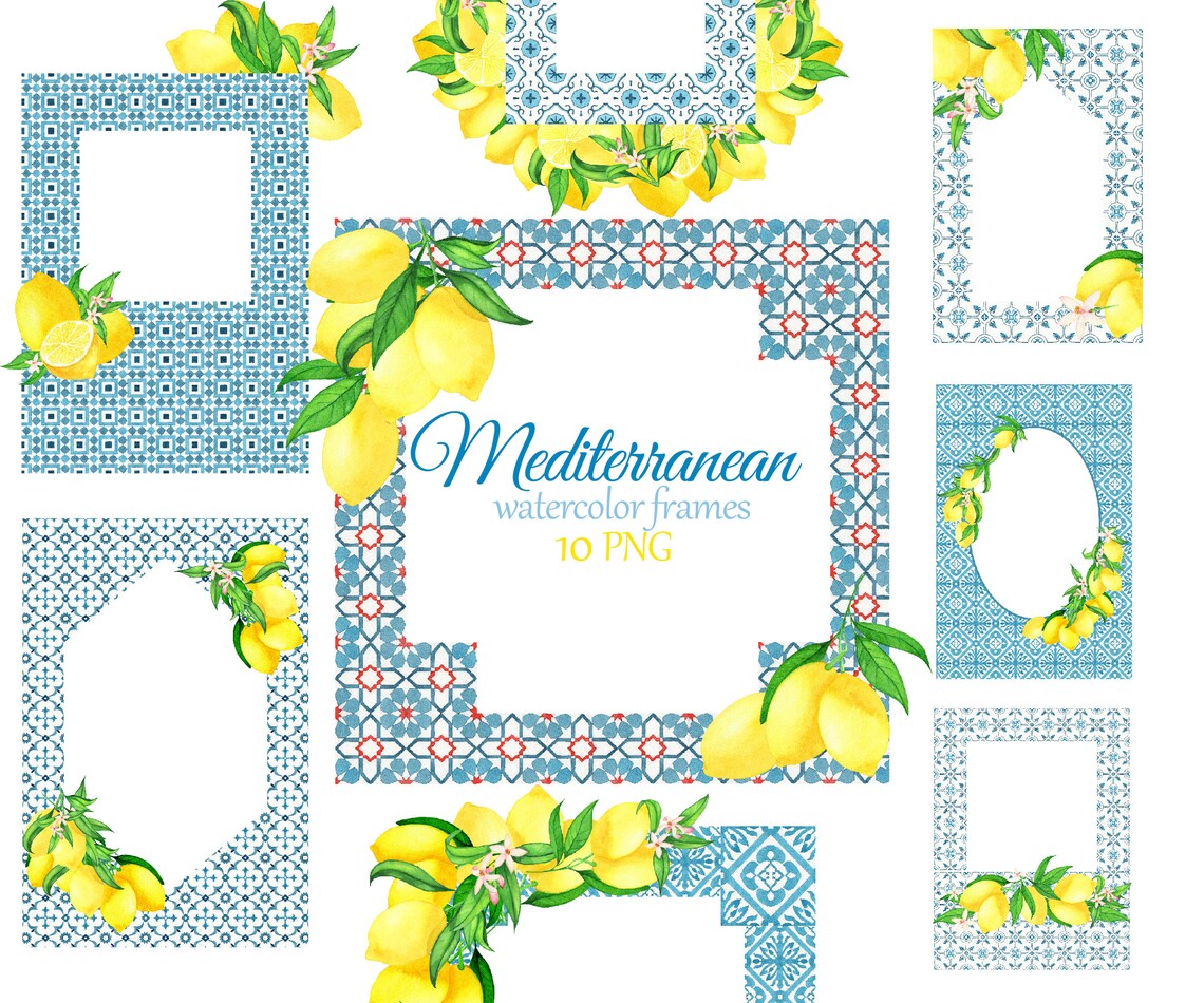 Watercolor Mediterranean Tiles Frame With Lemons. Wedding - Etsy