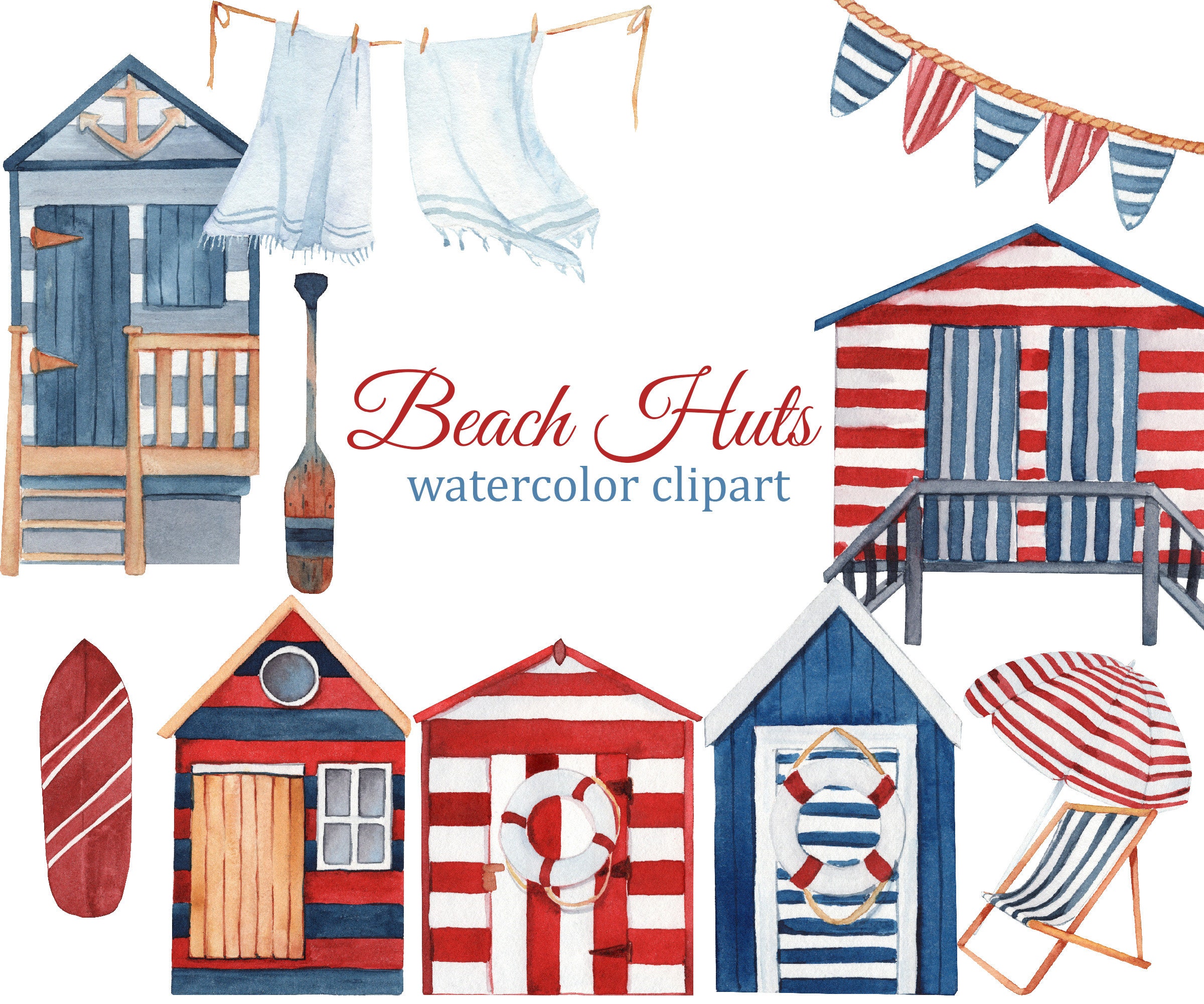 Watercolor Beach Huts Summer Clipart Boho Beach Tiny House - Etsy