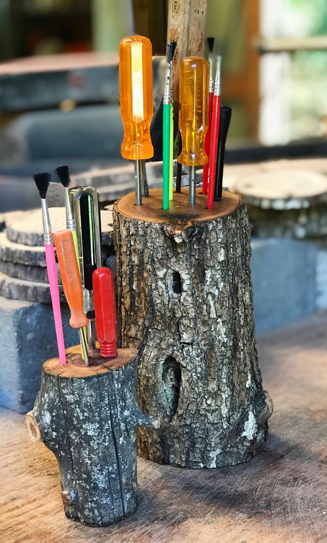 Tree Branch Tool Caddy, Pencil, Paintbrush Holder. Unique Rustic Wooden ...