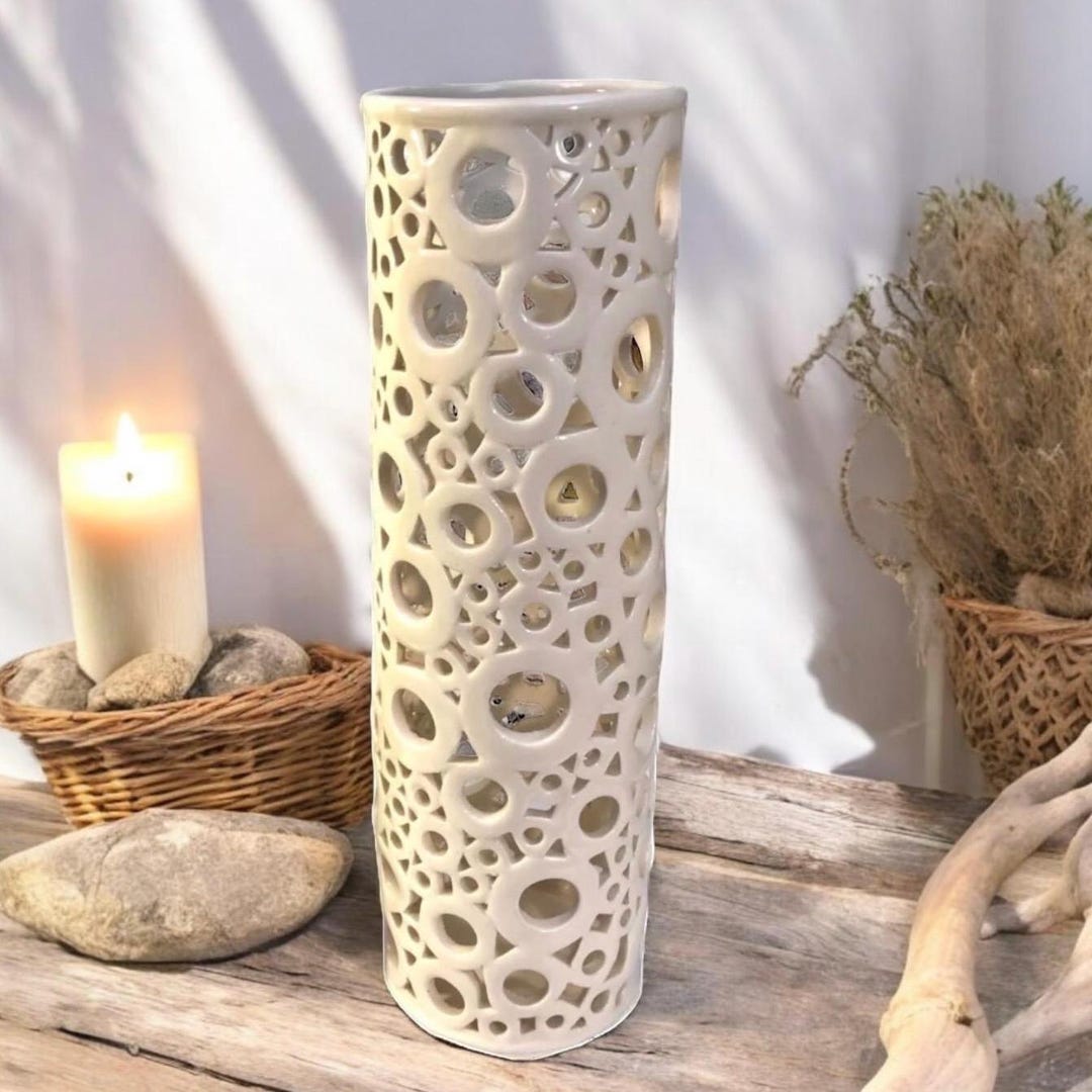 Art Pottery Pierced Circles Tubular Candle Luminary Vase Cream 13.75 ...