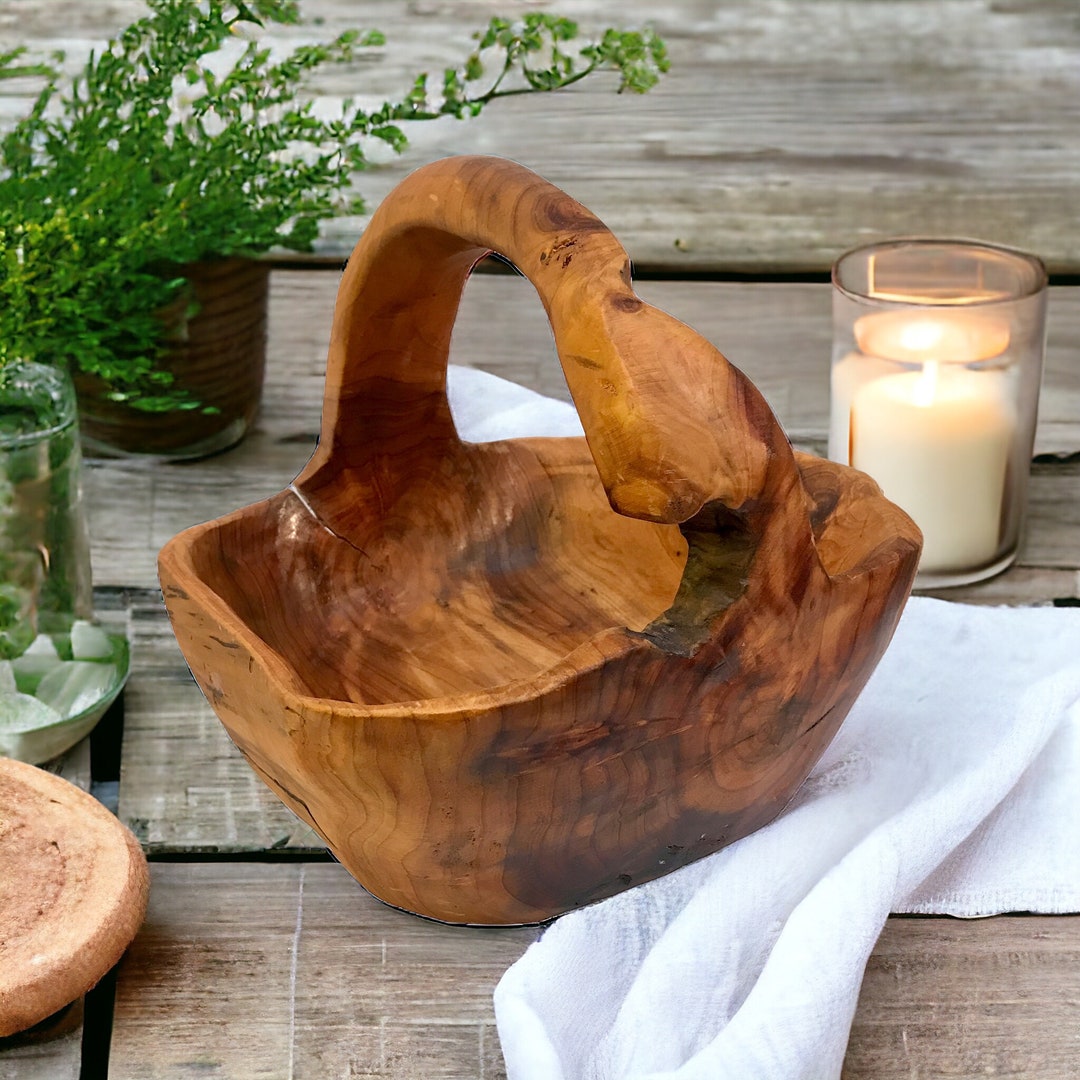 Burl Wood Hand Carved Basket Bowl With Handle Natural Knots 9x9 ...